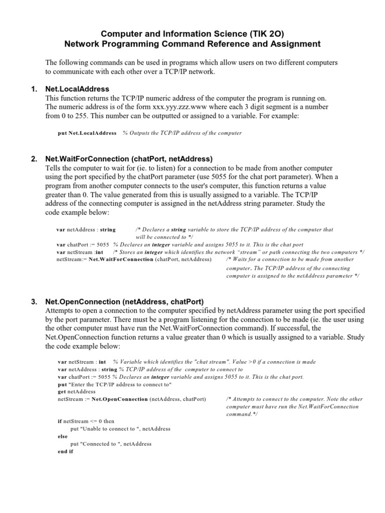 Computer and Information Science (TIK 2O) Network Programming Command ...