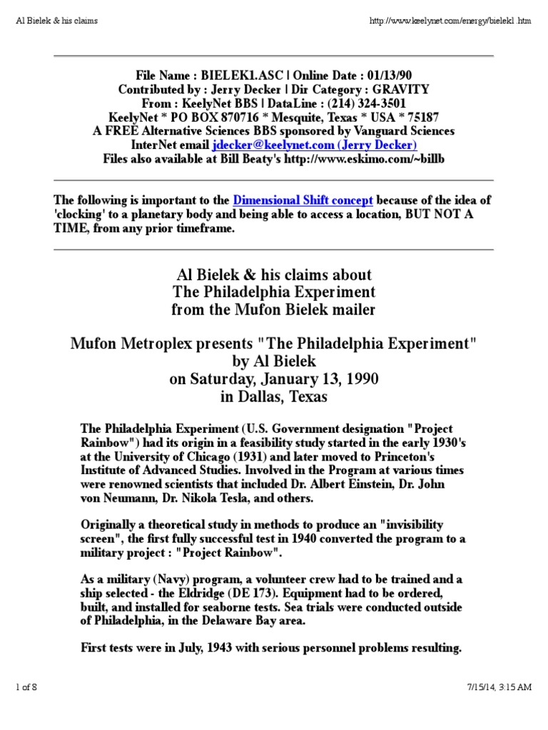 Al Bielek & His Claims | PDF | Time | Physics