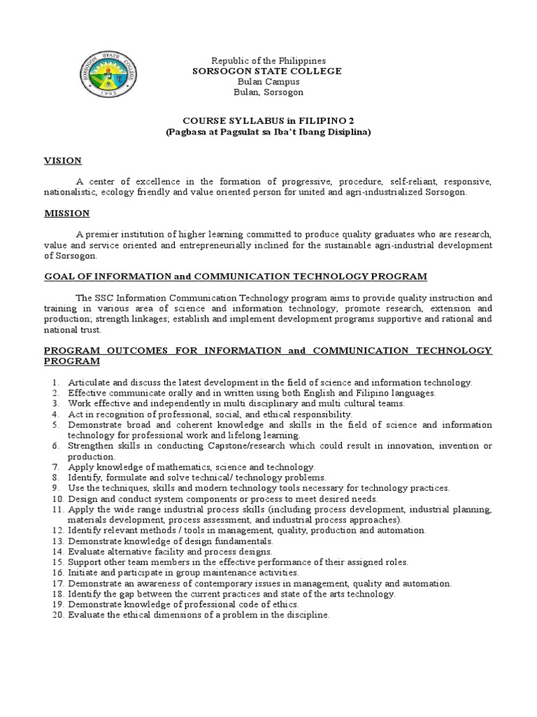 Syllabus (Pagbasa at Pagsulat Sa Ibat Ibang Disiplina) | PDF | Educational Technology | Science