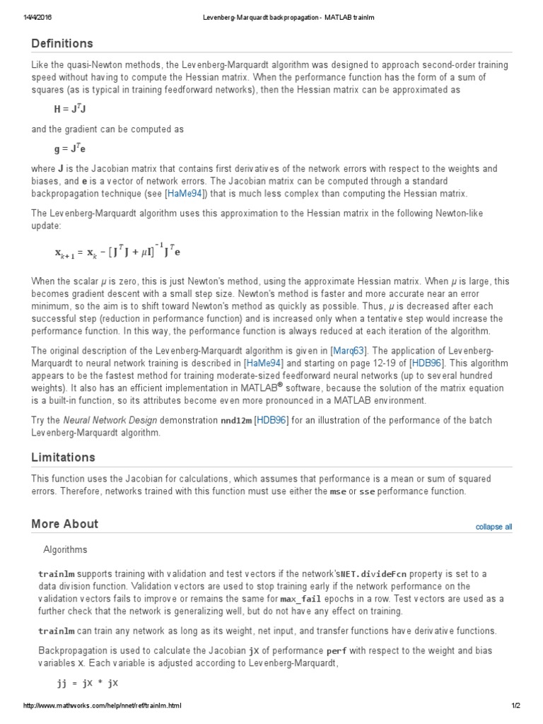 Levenberg-Marquardt Backpropagation - MATLAB Trainlm | PDF ...