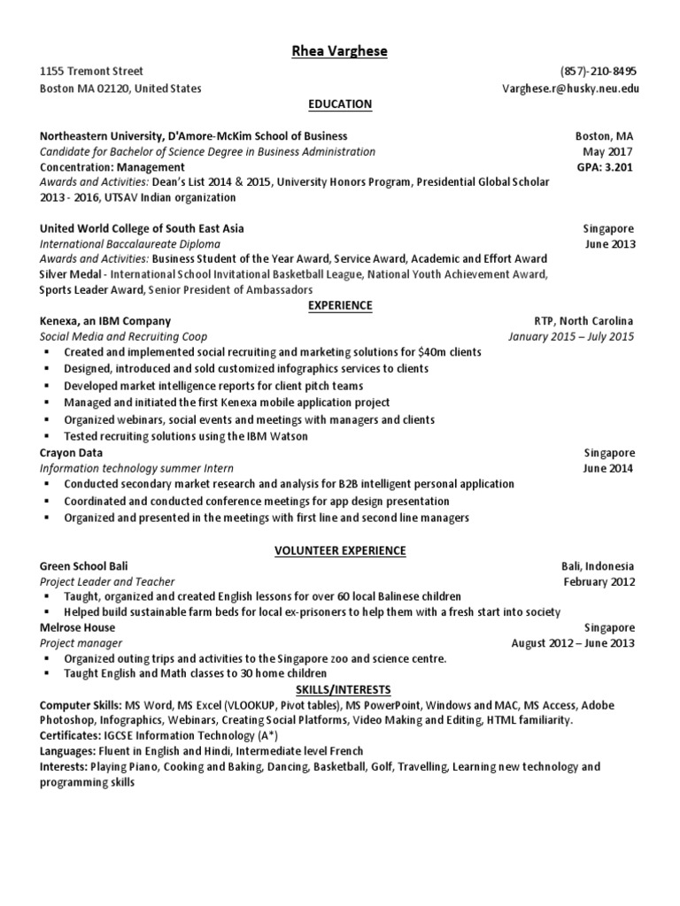 Rhea Varghese Coop Resume 2016 | PDF | Bachelor's Degree | Ibm