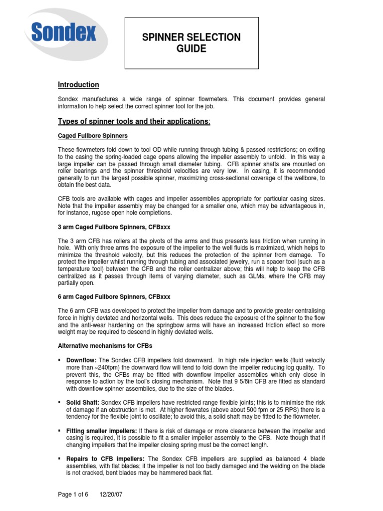 Sondex Spinner Selection Guide | PDF | Flow Measurement | Fluid Dynamics