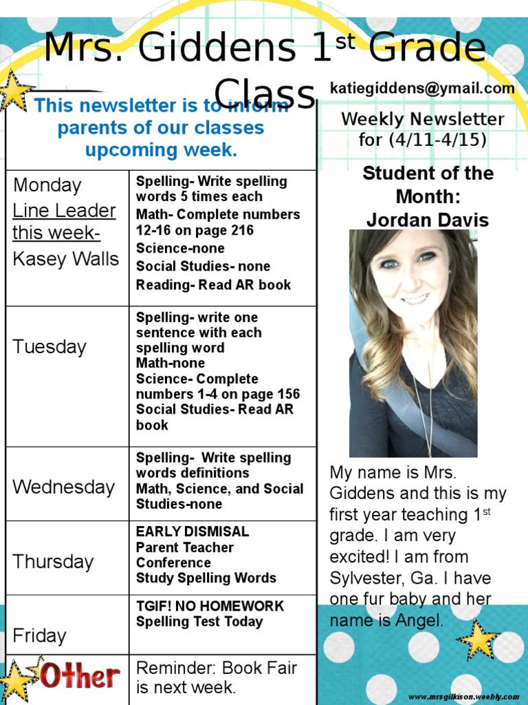1st Grade Weekly Newsletter (4/11-4/15) | PDF | Self-Improvement