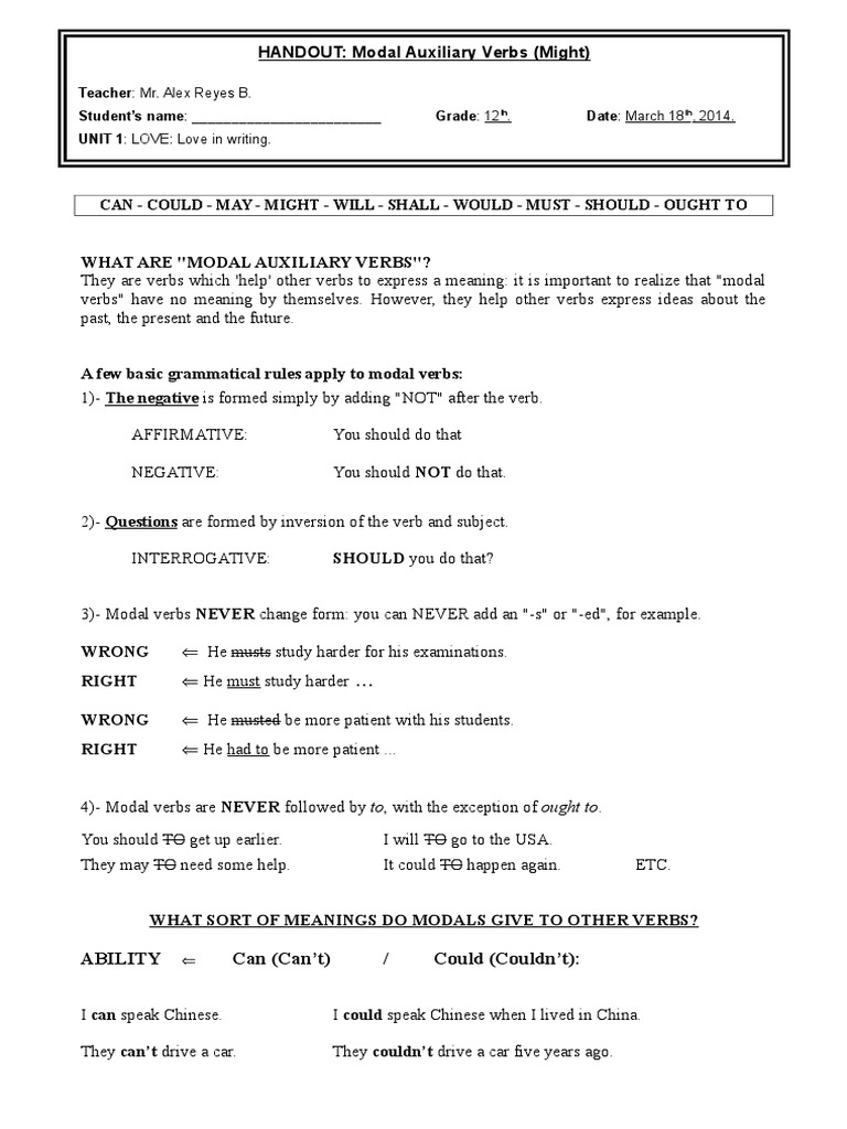 Worksheet-Modal Verbs-Might-2014 | PDF | Verb | Morphology