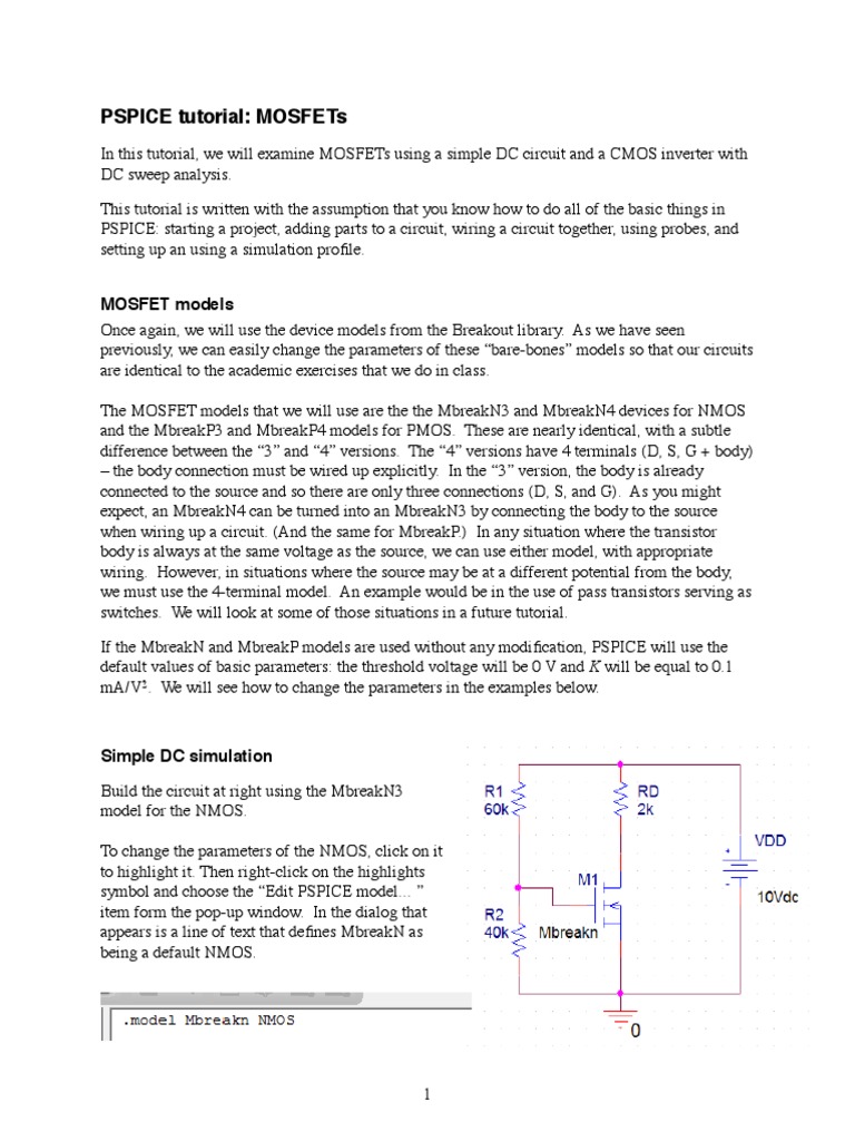 PSPICE MOSFET Tutorial: DC Analysis of NMOS & CMOS Inverter | PDF ...