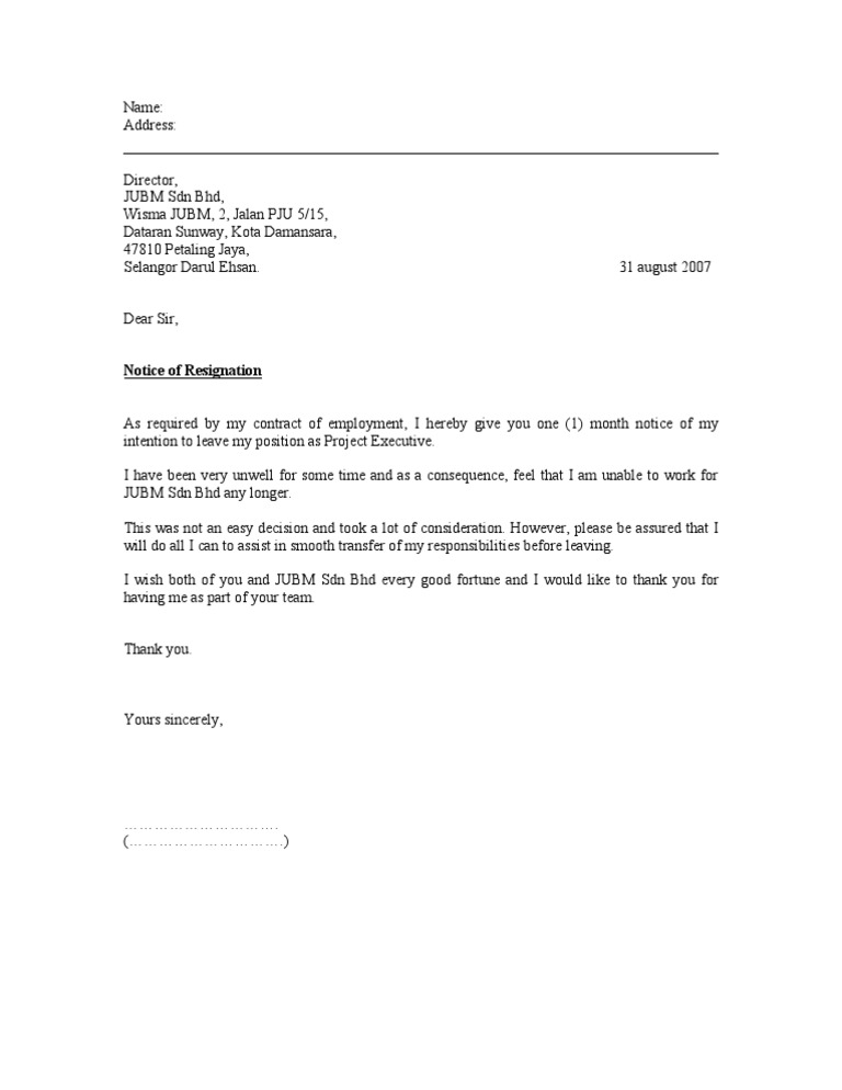 Resignation Letter Template 1 Month Notice