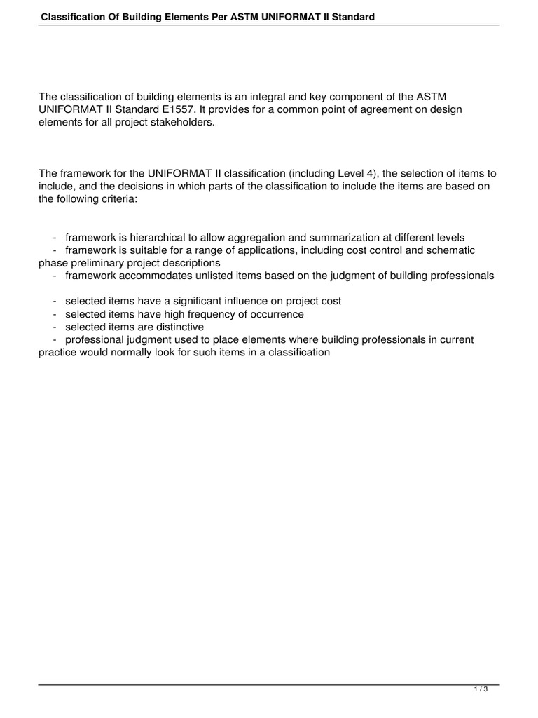Classification of Building Elements Per Astm Uniformat II Standard ...
