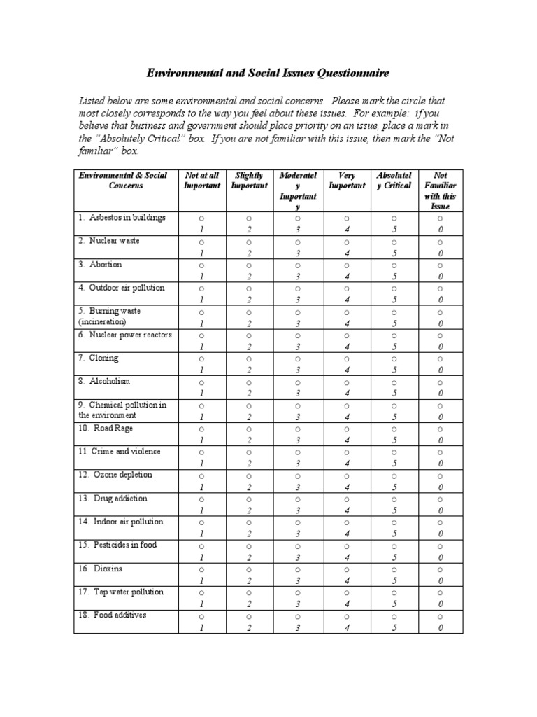 Environmental and Social Issues Questionnaire | PDF | Pollution ...