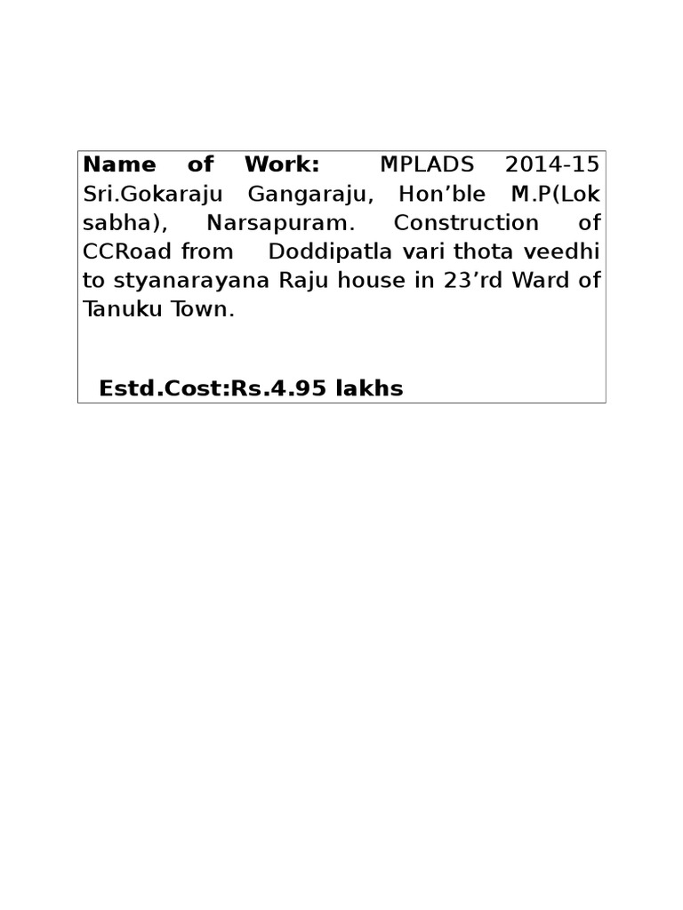MPLADS 2014-15: Tanuku Town Road Project | PDF
