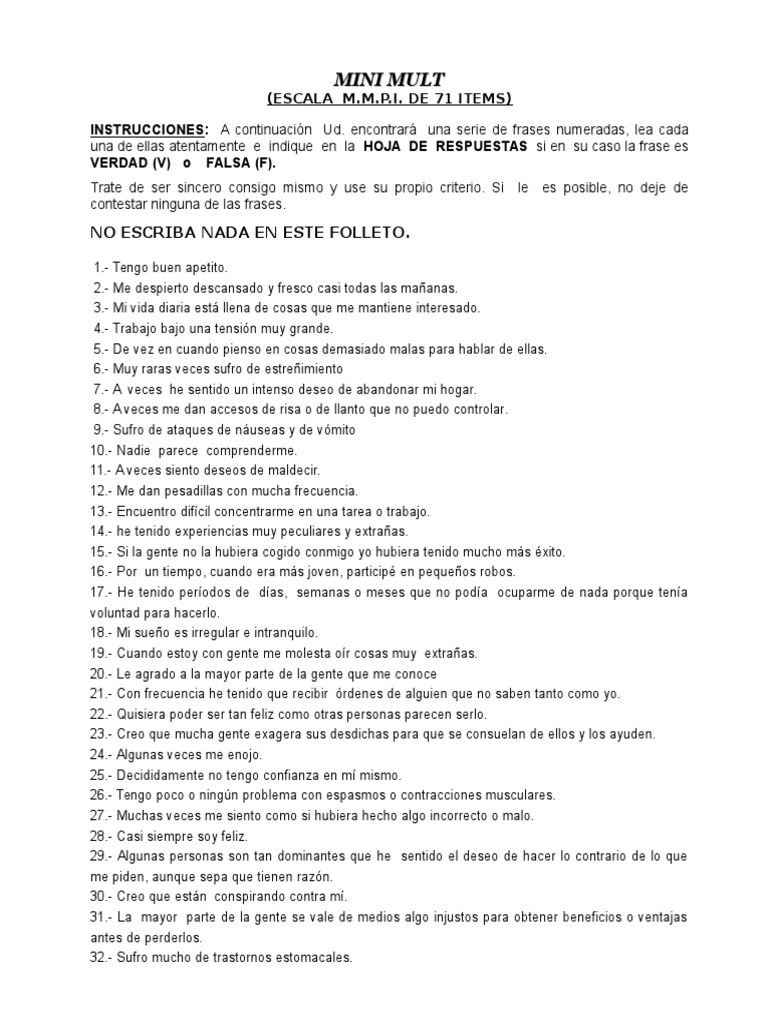 MINI MULT Cuestionario. | PDF