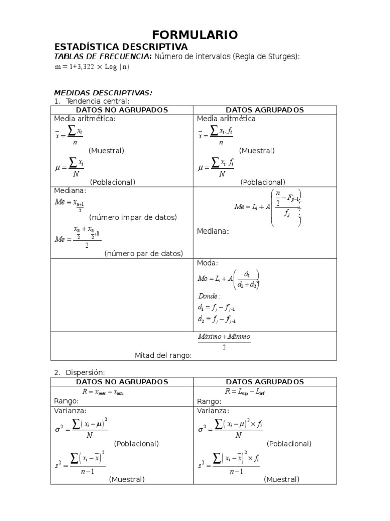 Formulario Estadistica y Probabilidades | PDF