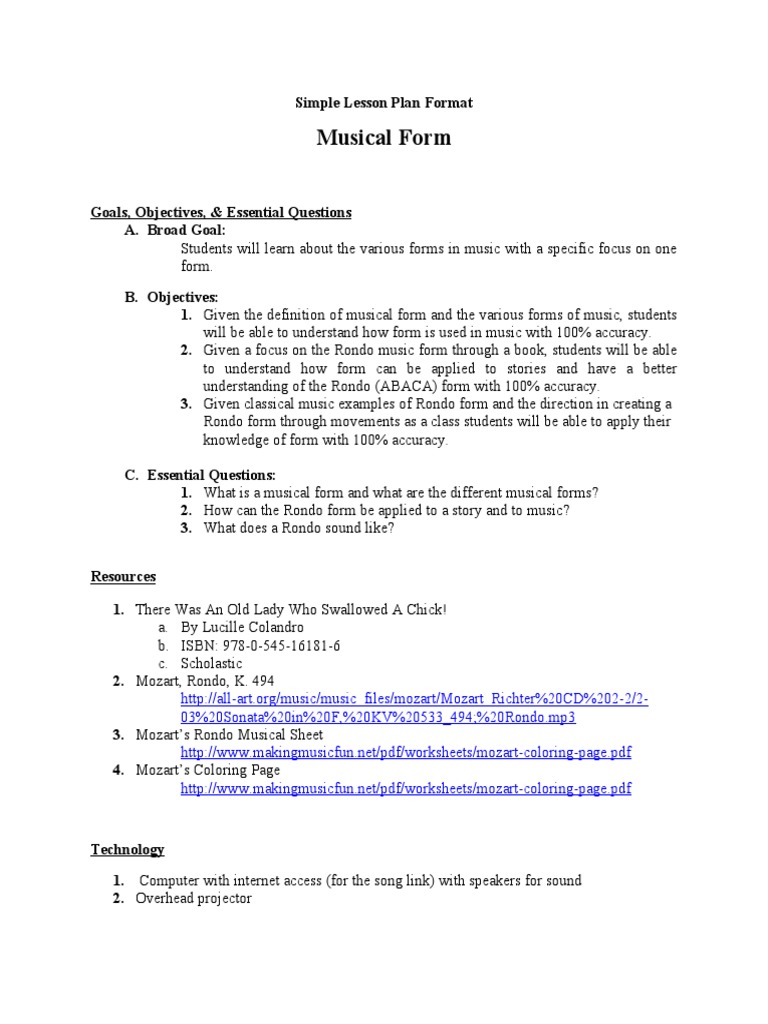 Rondo Music Form Lesson Plan | PDF | Lesson Plan | Behavior Modification