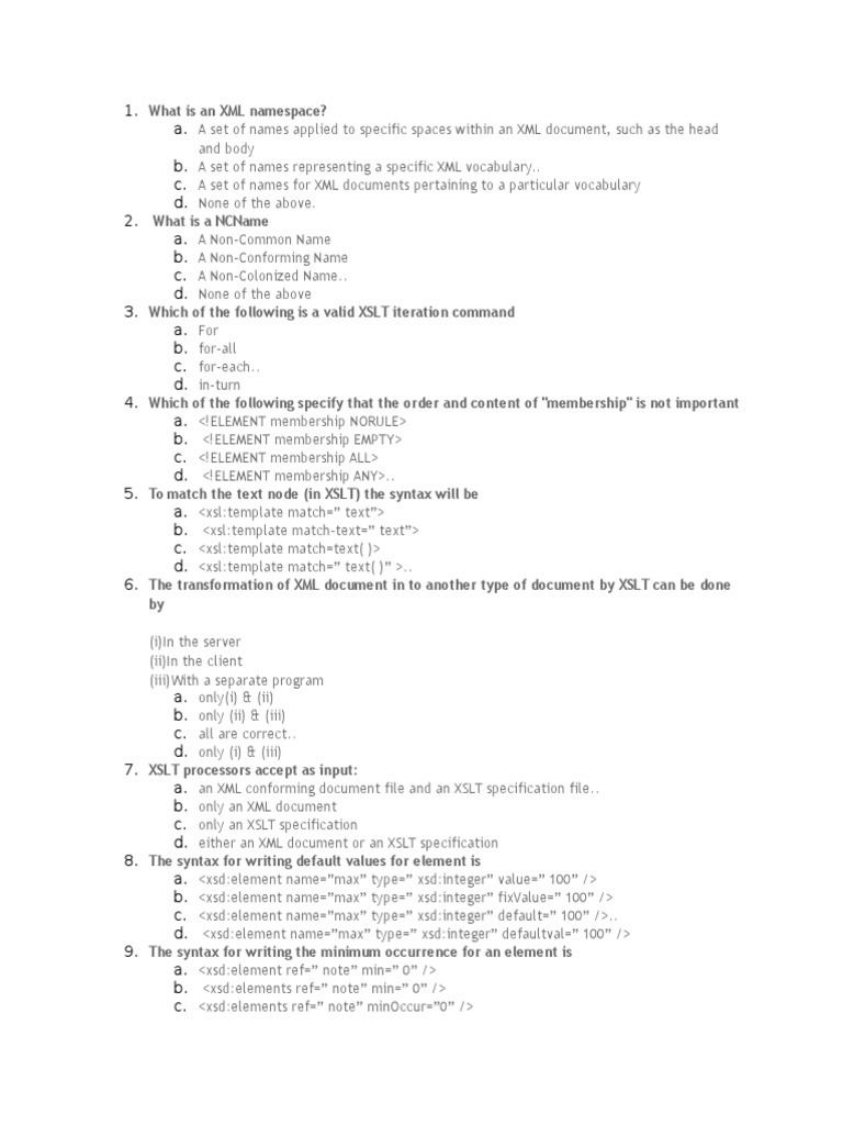 MCQ XML | Descargar gratis PDF | Xslt | Xml MCQ XML | Descargar gratis PDF | Xslt | Xml
