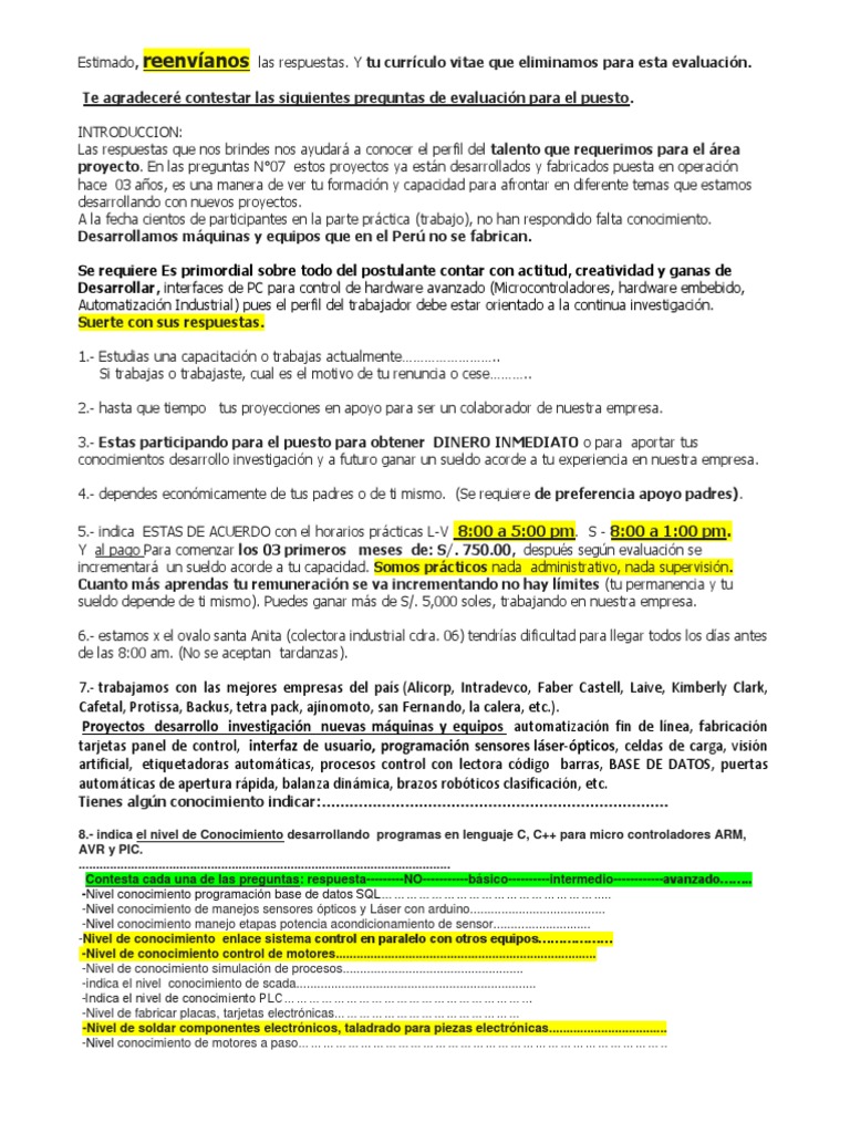 02 Evaluacion PRACTICANTE INGENIERO ELECTRONICO INDUTEC PERU SAC PROYECTOS PDF | PDF ...