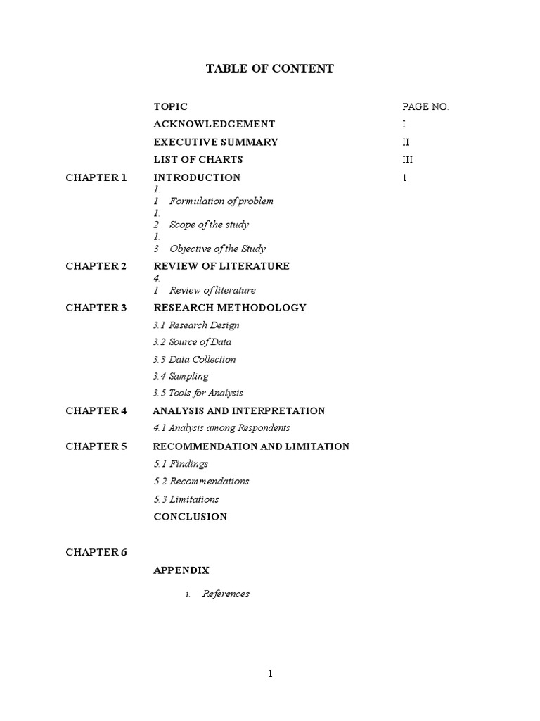 Table of Content: Topic Acknowledgement Executive Summary List of ...