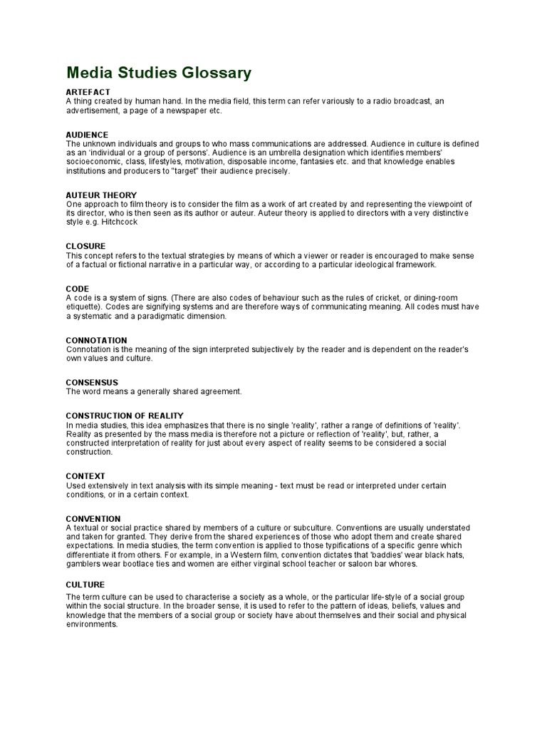 Media Studies Glossary | PDF | Semiotics | Mass Media