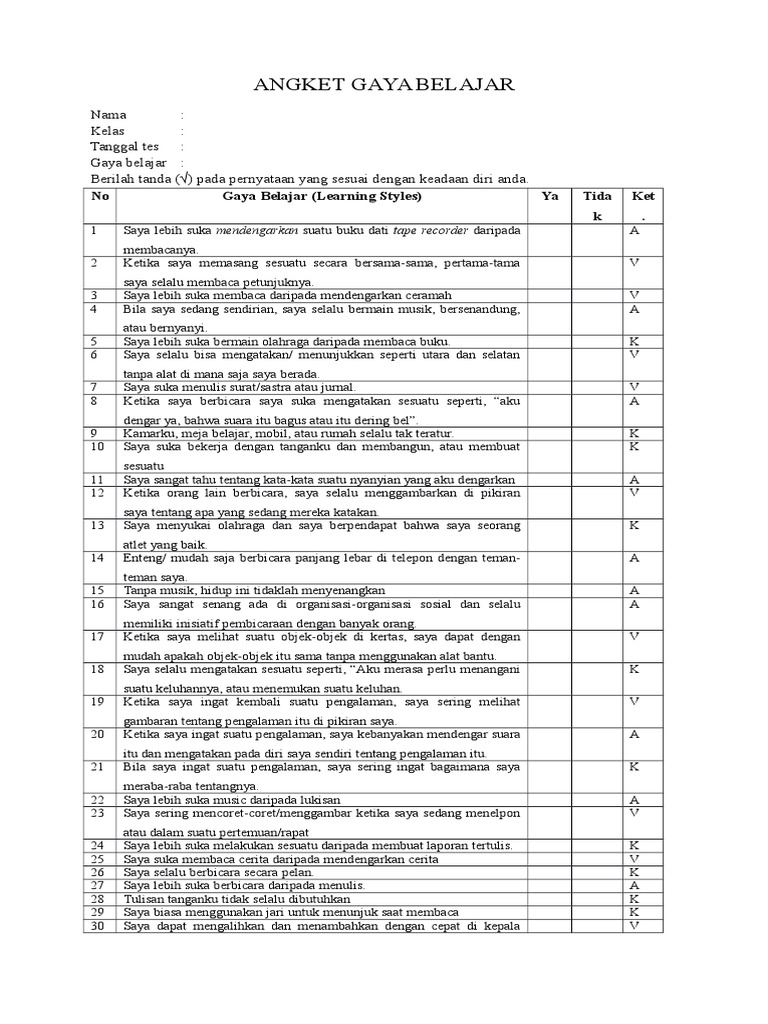 Angket Gaya Belajar | PDF