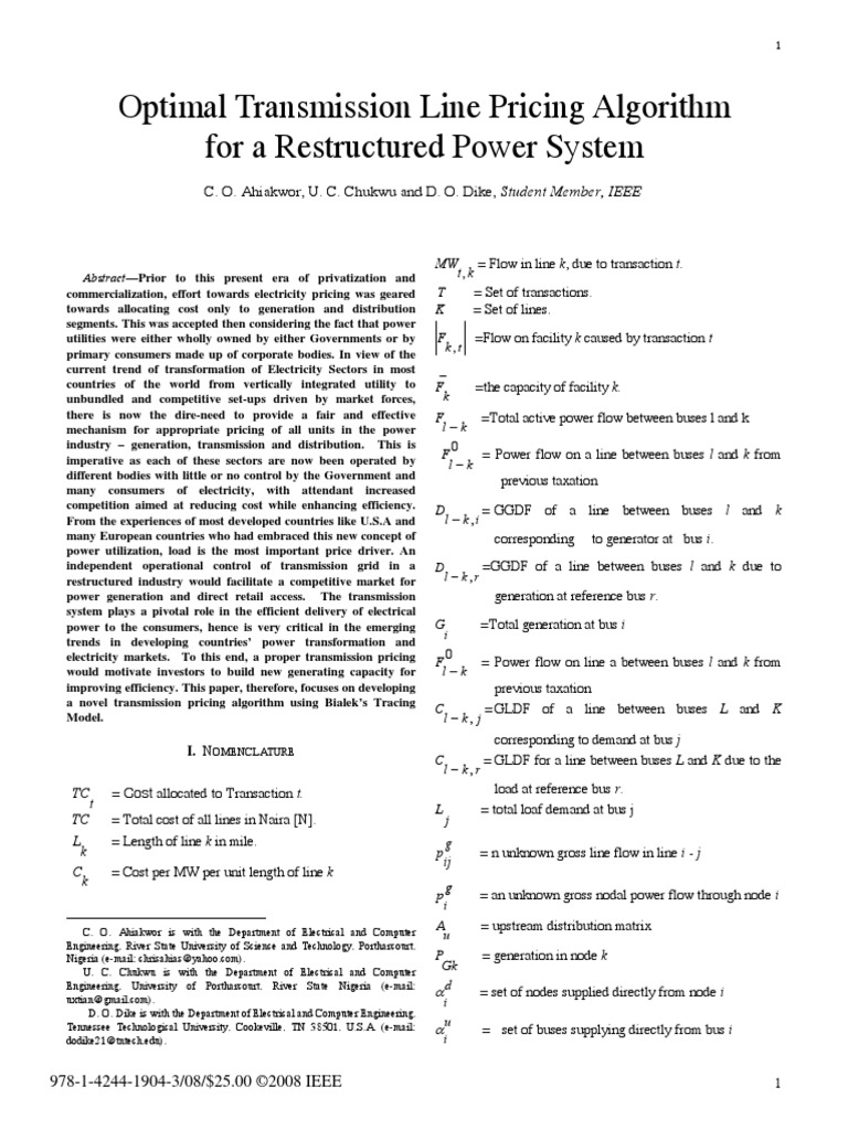 Optimal Transmission Line Pricing Algorithm For A Restructured Power System | PDF | Forecasting ...