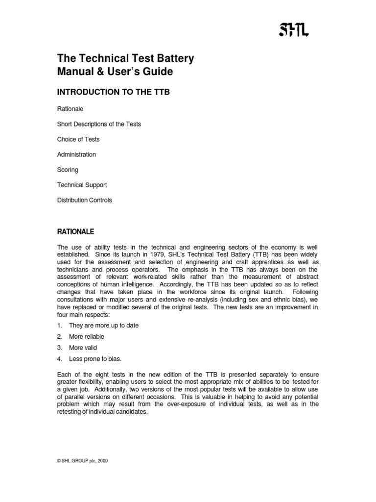 The Technical Test Battery Manual & User's Guide: Introduction To The ...
