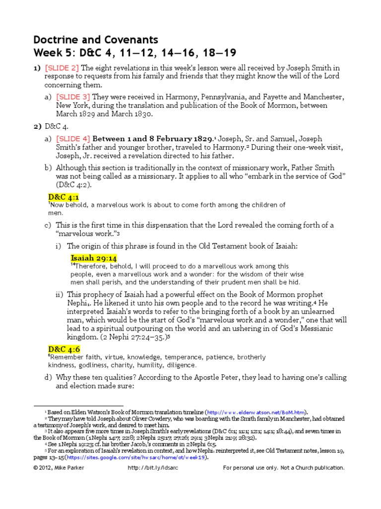 LDS Doctrine and Covenants Notes 05: D&C 4, 11-12, 14-16, 18-19 | PDF ...