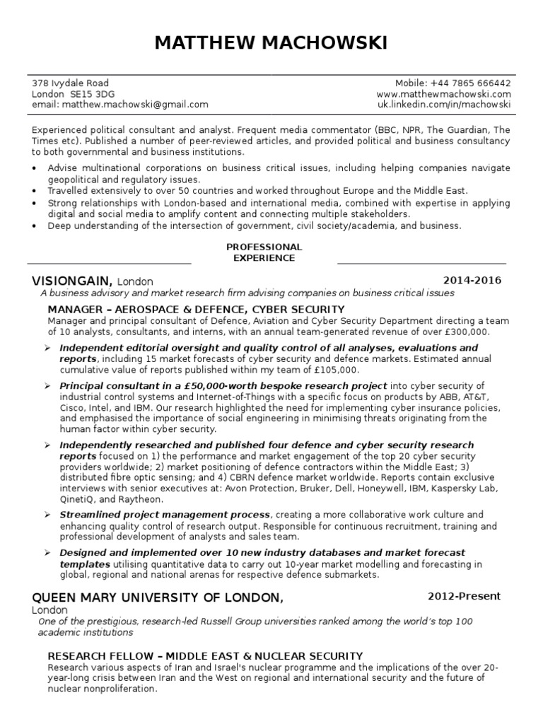 CV Matthew Machowski | PDF | Qatar | Iran