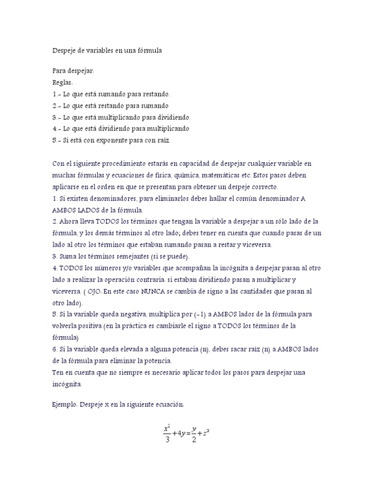 Despeje de variables en una fórmula