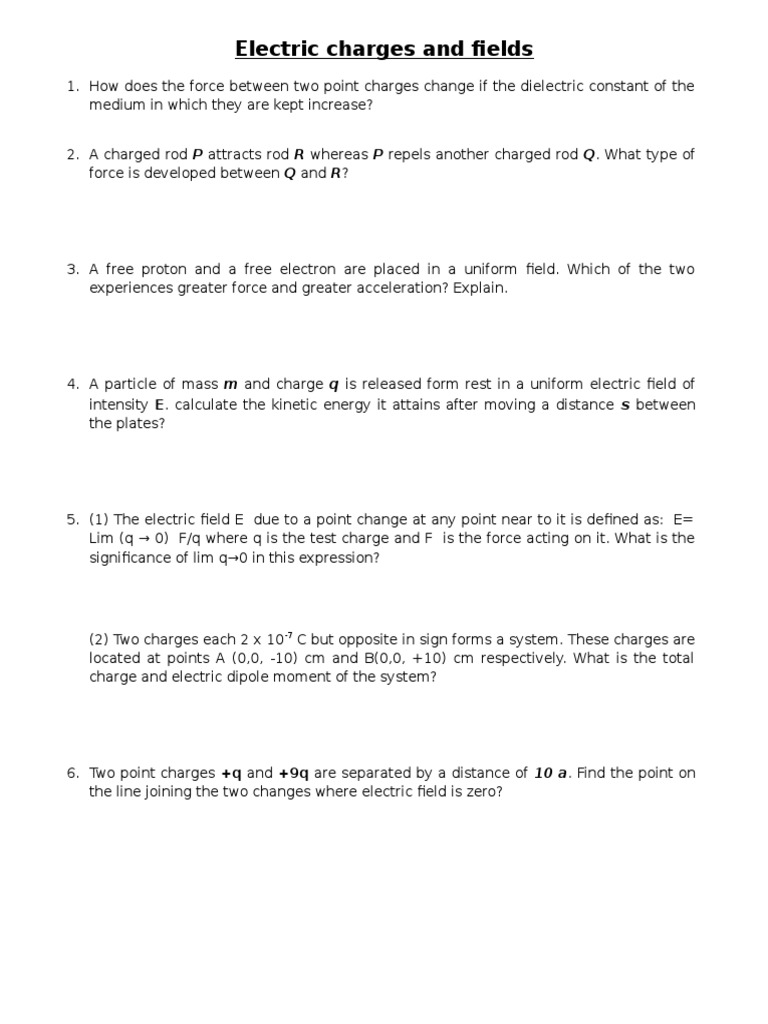 Electric Charges and Fields Worksheet | PDF | Science & Mathematics