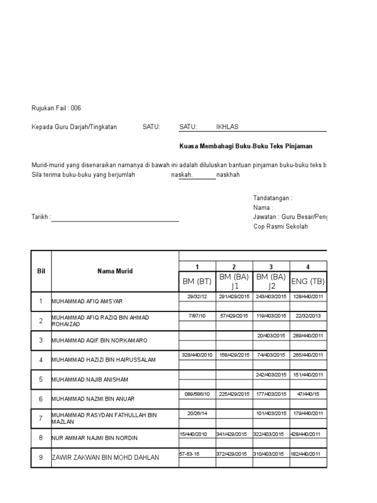 Borang SPBT G Tahun 1 (Ikhlas) | PDF