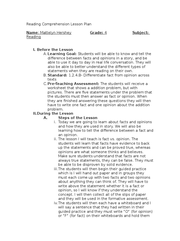 Reading Comprehension Lesson Plan | PDF | Educational Assessment ...