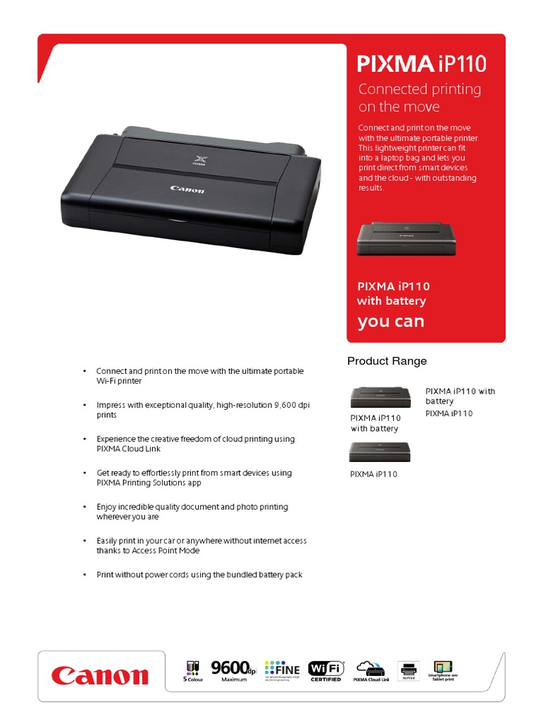 Canon PIXMA iP110 Portable Printer Specs | PDF | Printer (Computing ...