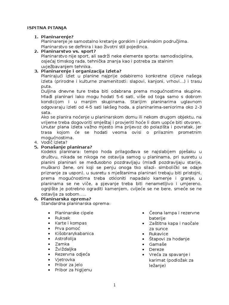 ISPITNA PITANJA Za Planinarski Ispit | PDF