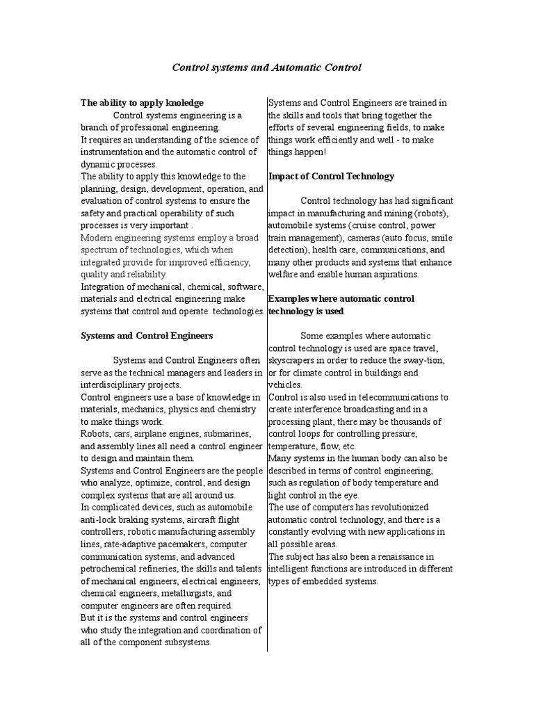 Control Systems and Automatic Control | PDF | Control Engineering ...