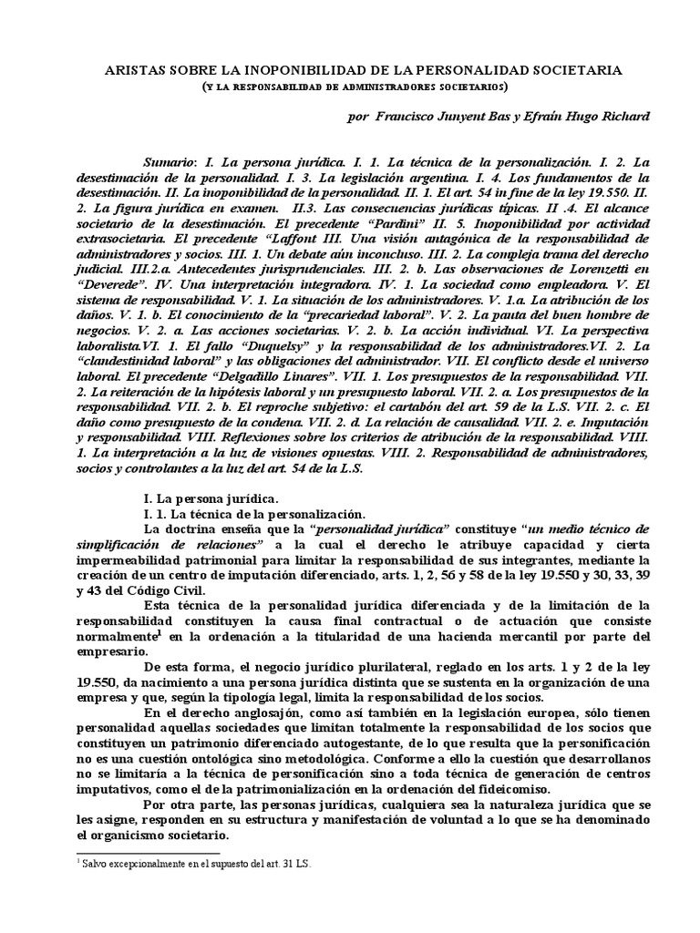 Aristas Sobre La Inoponibilidad de La Personalidad Societaria - Junyent ...