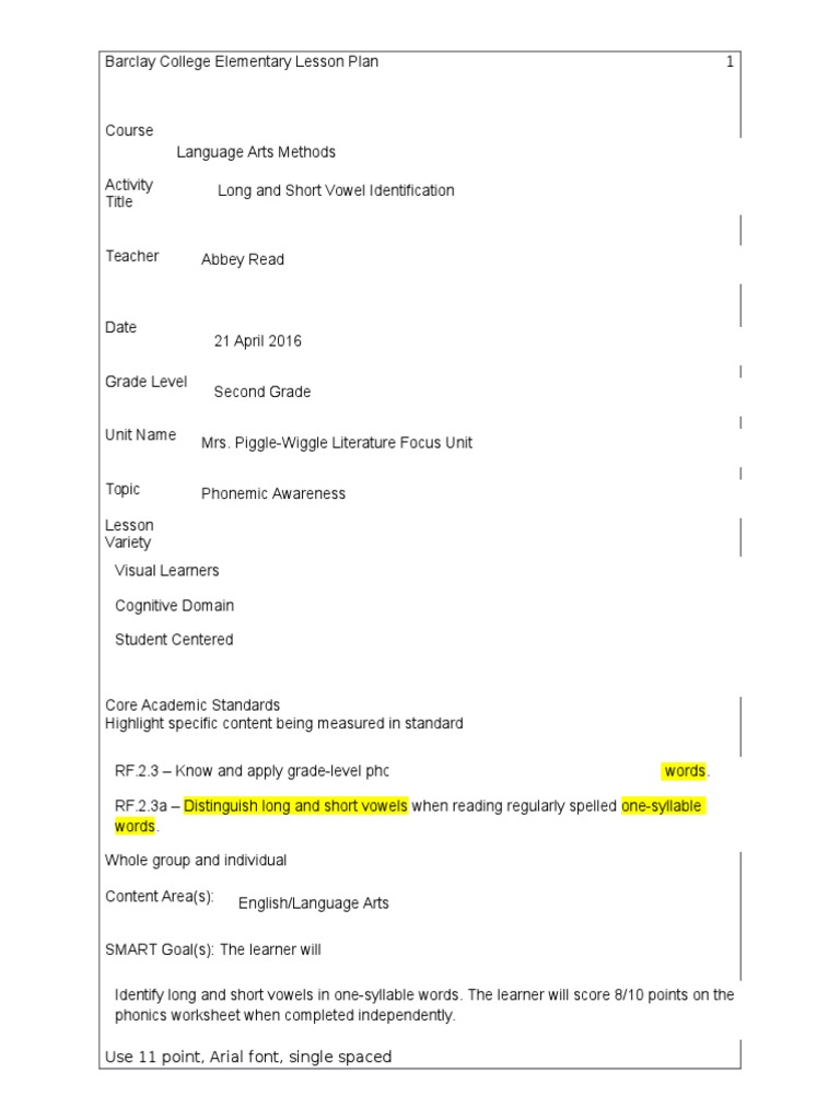 Long and Short Vowels Lesson Plan | Download Free PDF | Phonics ...