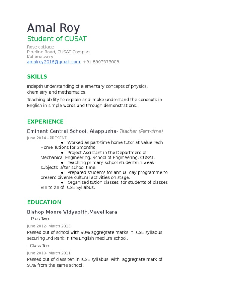 Amal Roy: Student of CUSAT | PDF