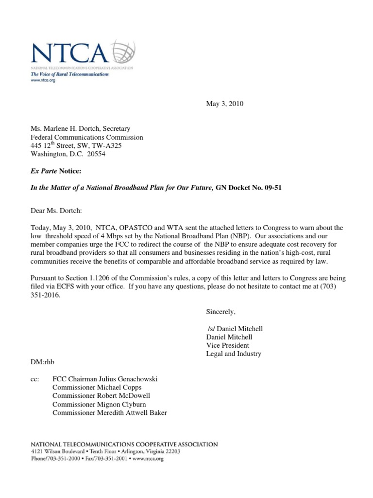 NTCA, OPASTCO, WTA Letter To FCC and Congress On USF Reform and Rural ...