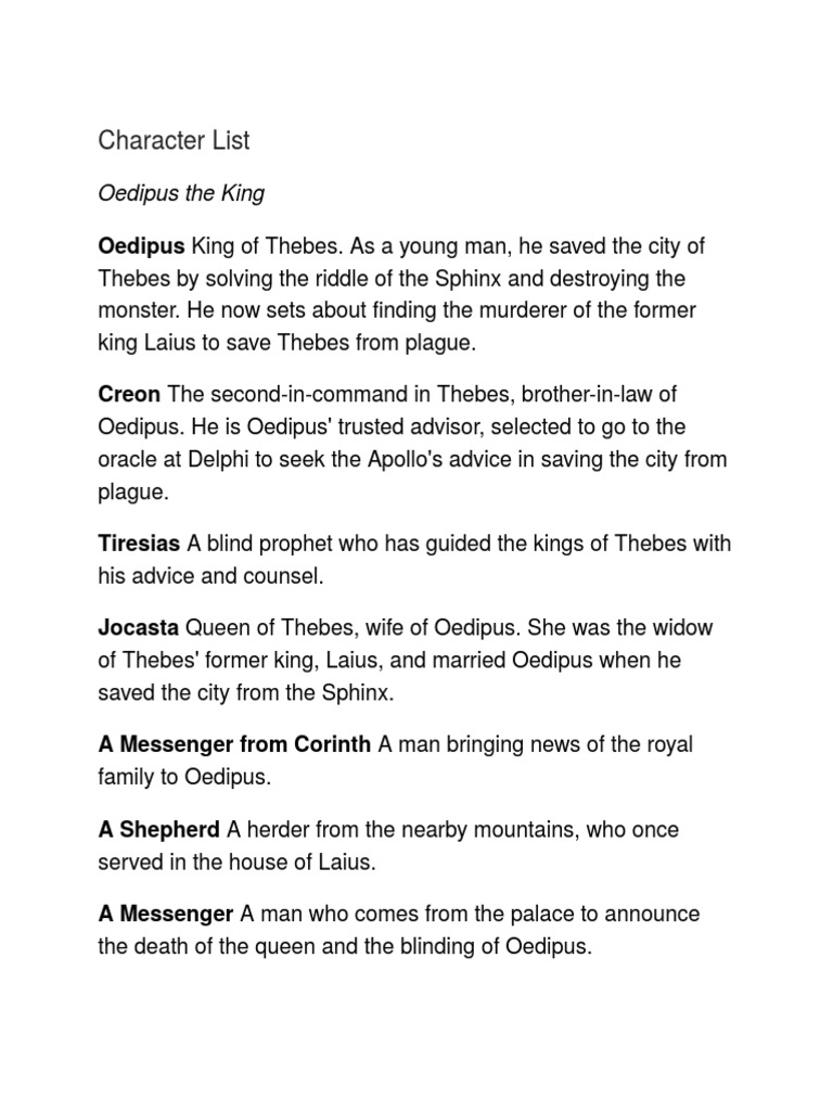 Character List of Oedipus Rex | PDF | Theban Mythology | Greek Mythology