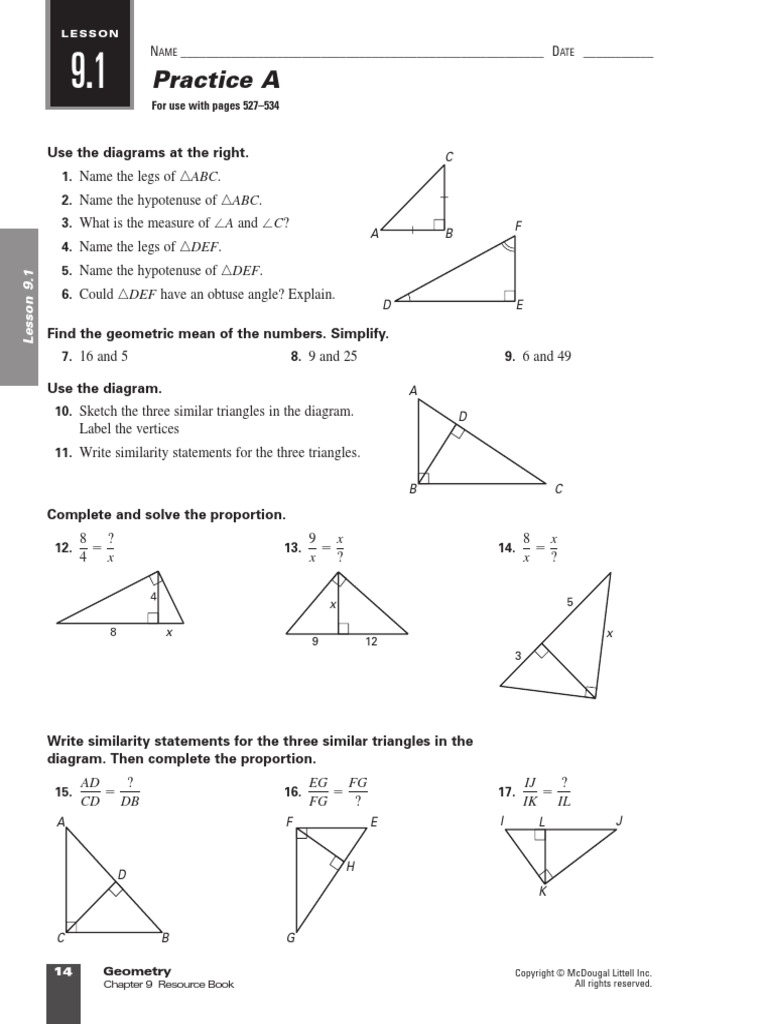 Geometry Chapter 9 Worksheets | PDF | Trigonometric Functions | Sine