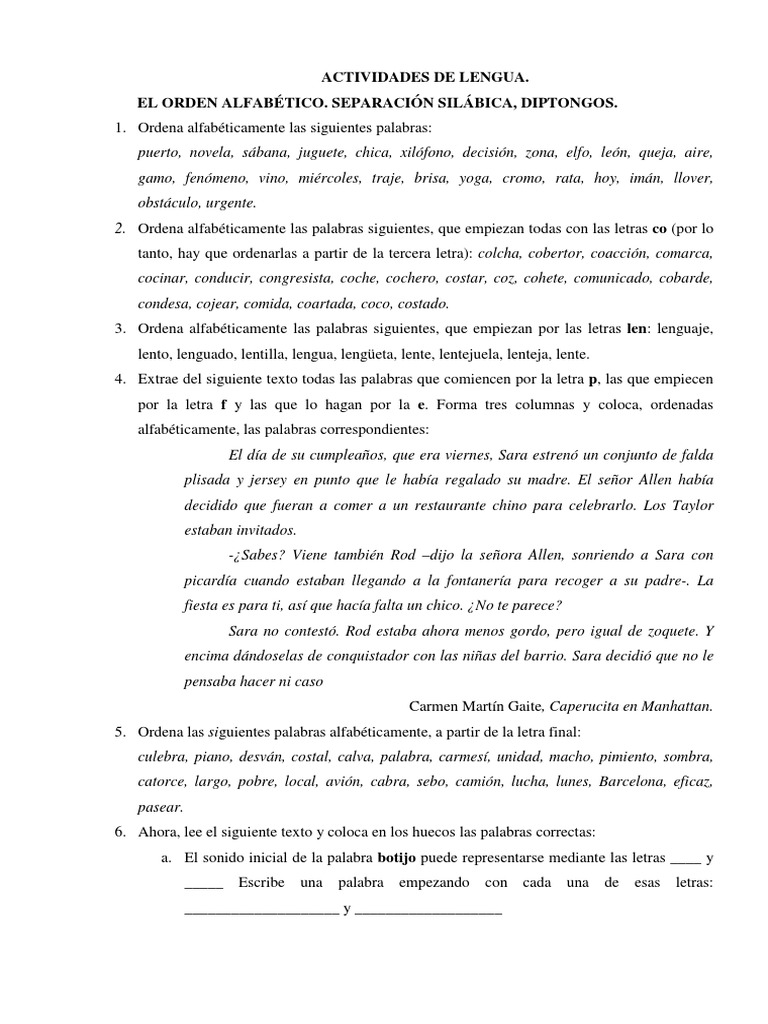 Actividades de Orden Alfabético para Niños | PDF | Sílaba | Fonética