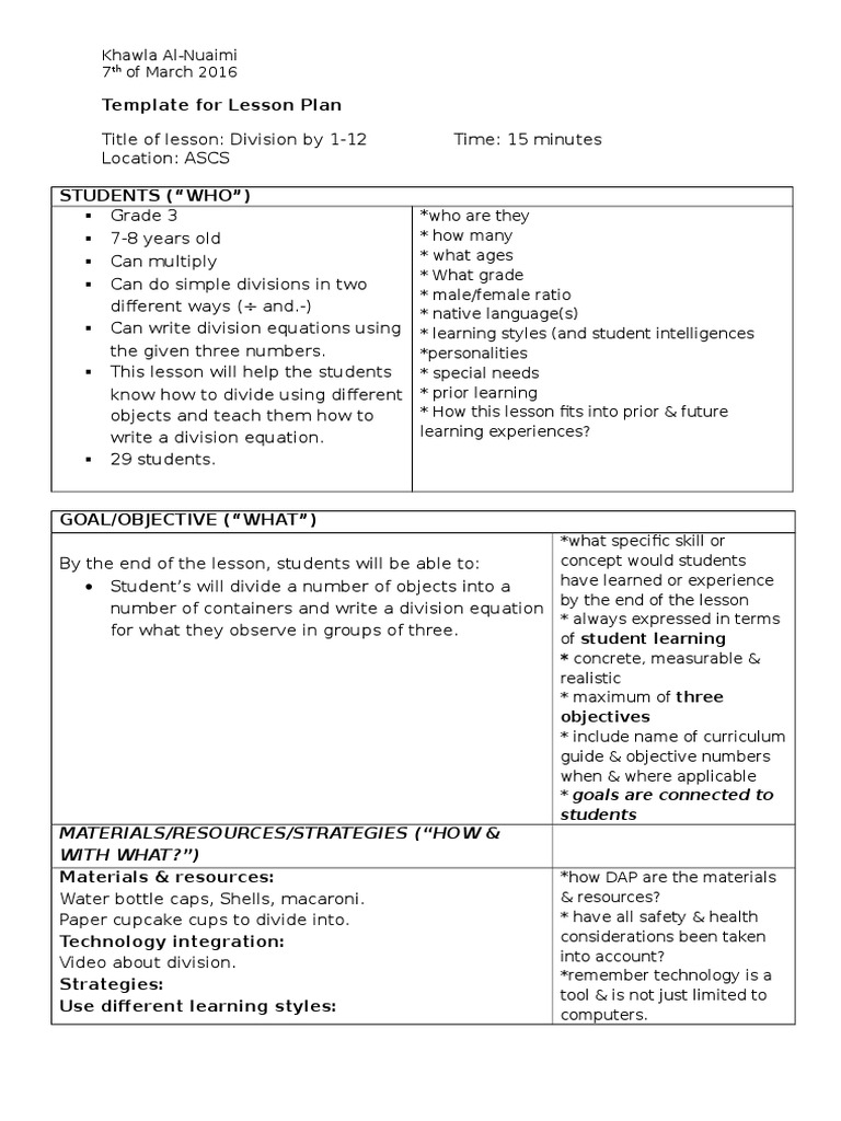 Template For Lesson Plan: Materials/Resources/Strategies ("How & With ...