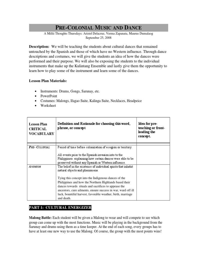 LP1 - Pre-Colonial Music and Dance | PDF | Worksheet | Dances