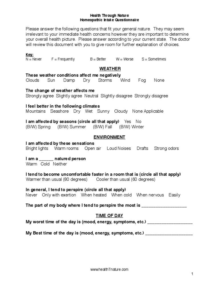 Homeopathic Intake Questionnaire | PDF | Taste | Weather