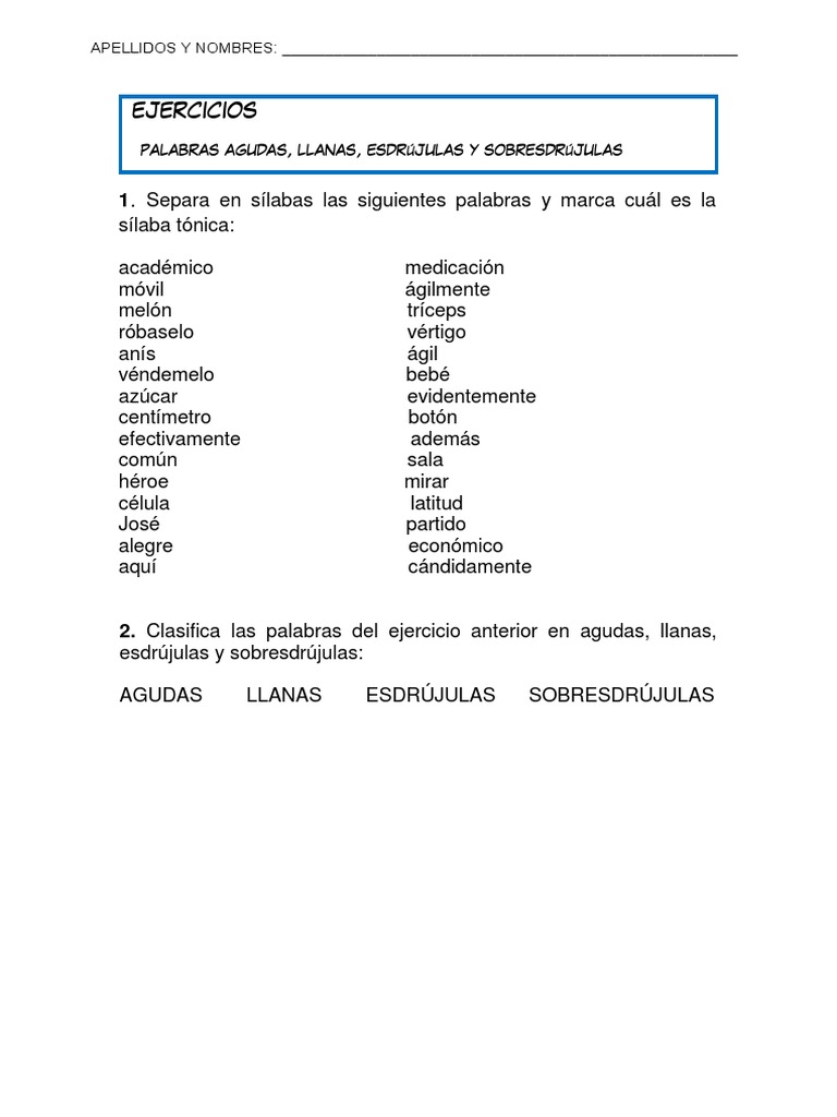 Ejercicios de Palabras Agudas y Llanas | PDF