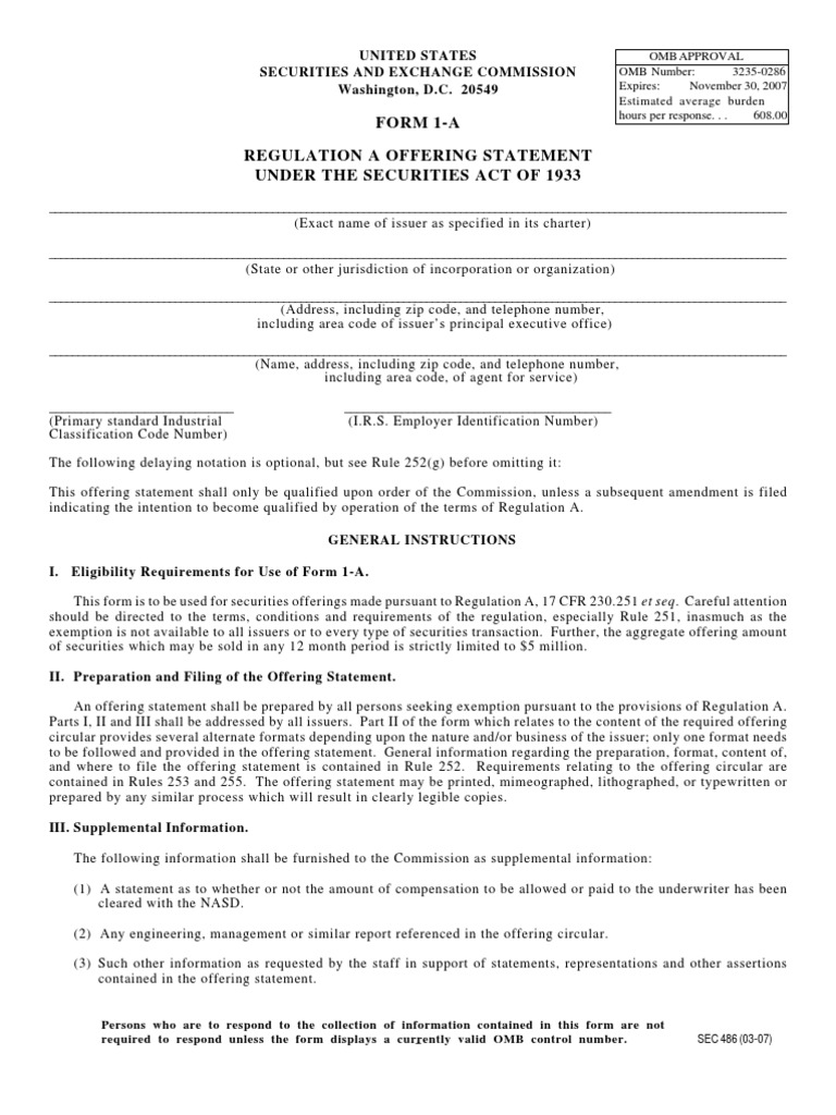 Securities and Exchange Commission (SEC) - Form1-A | PDF | Securities ...