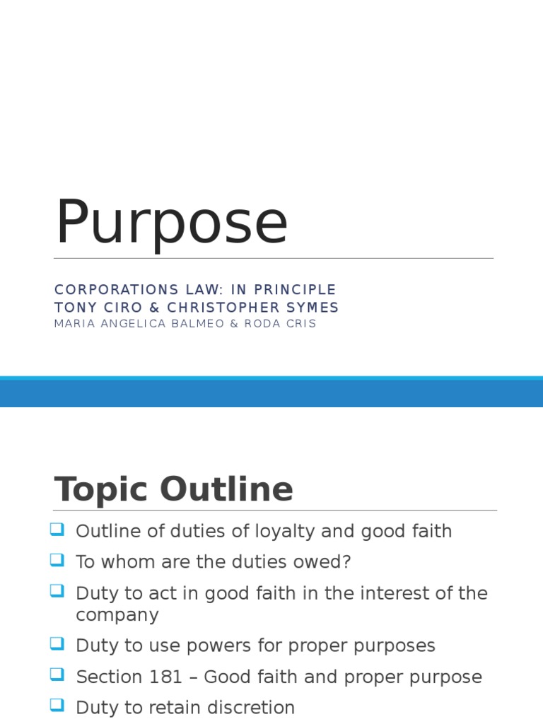 Good Faith and Proper Purpose | PDF | Board Of Directors | Business Law