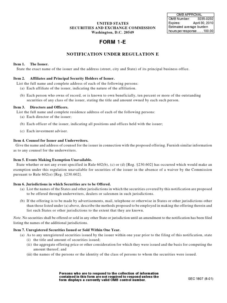 Securities and Exchange Commission (SEC) - Form1-E | PDF | Securities ...