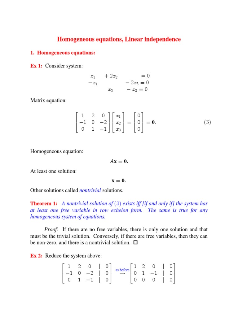 Homogeneous Equations, Linear Independence | PDF | System Of Linear ...