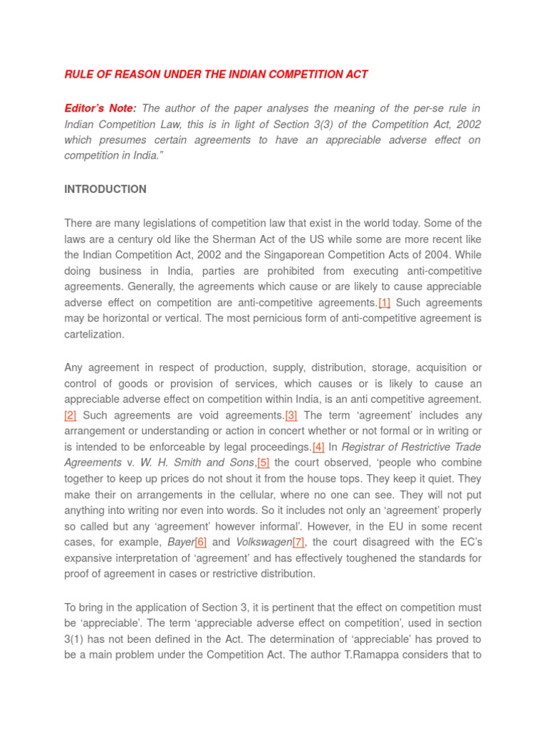 Rule of Reason Under The Indian Competition Act | PDF | Cartel ...