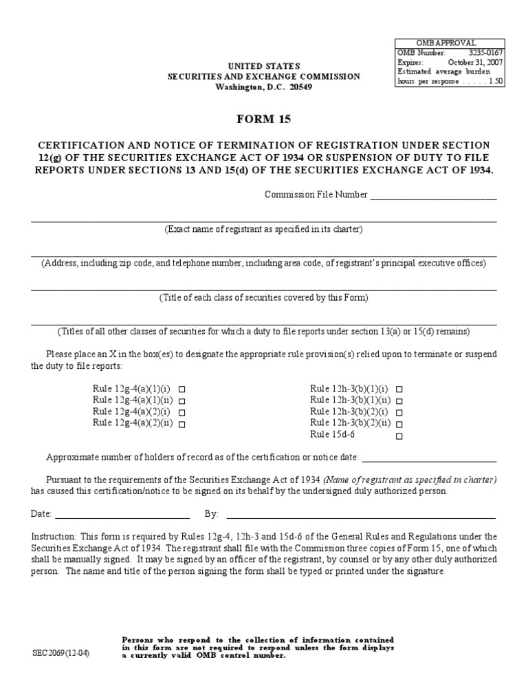 Securities and Exchange Commission (SEC) - Form15 | PDF | Securities ...