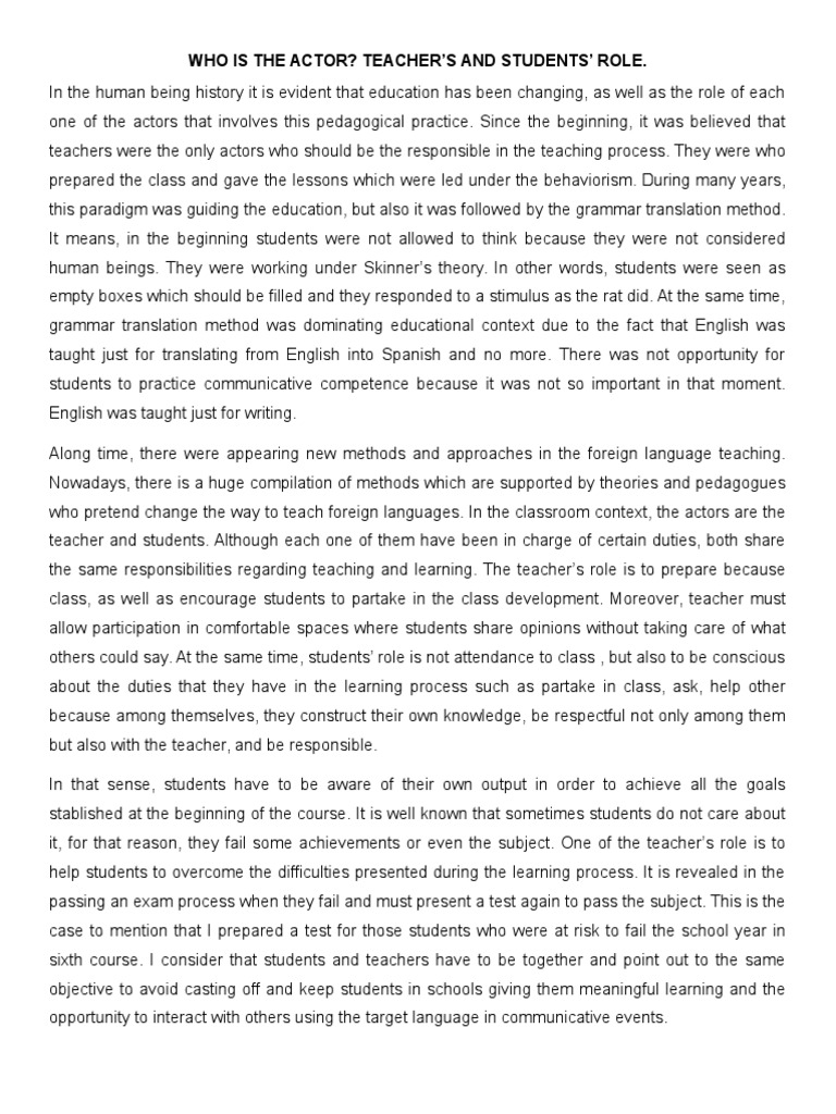 Who Is The Actor? Teacher'S and Students' Role | PDF | Teachers ...